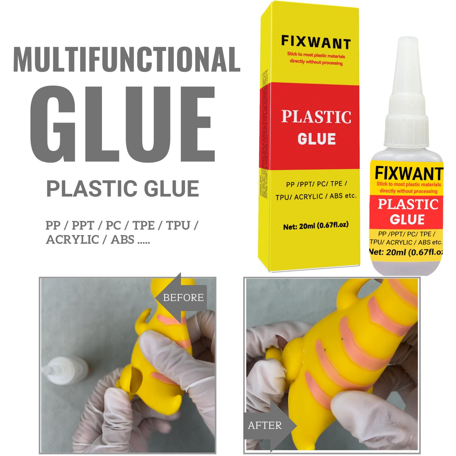 FIXWANT PP/ PPT/ PC/ TPE/ TPU/ ACRYLIC/ ABS Super Glue for Plastic 20ML ...