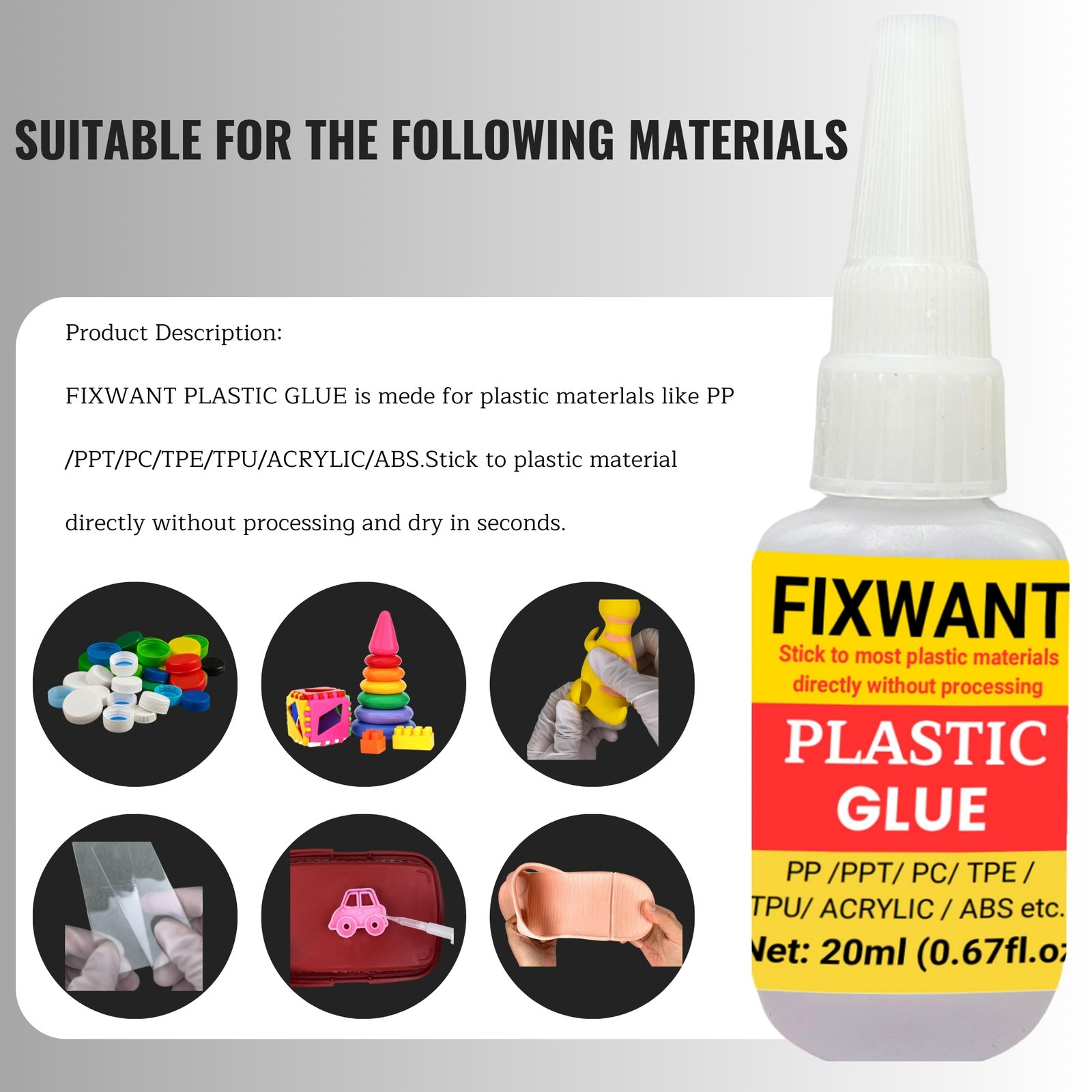 FIXWANT PP/ PPT/ PC/ TPE/ TPU/ ACRYLIC/ ABS Super Glue for Plastic 20ML ...