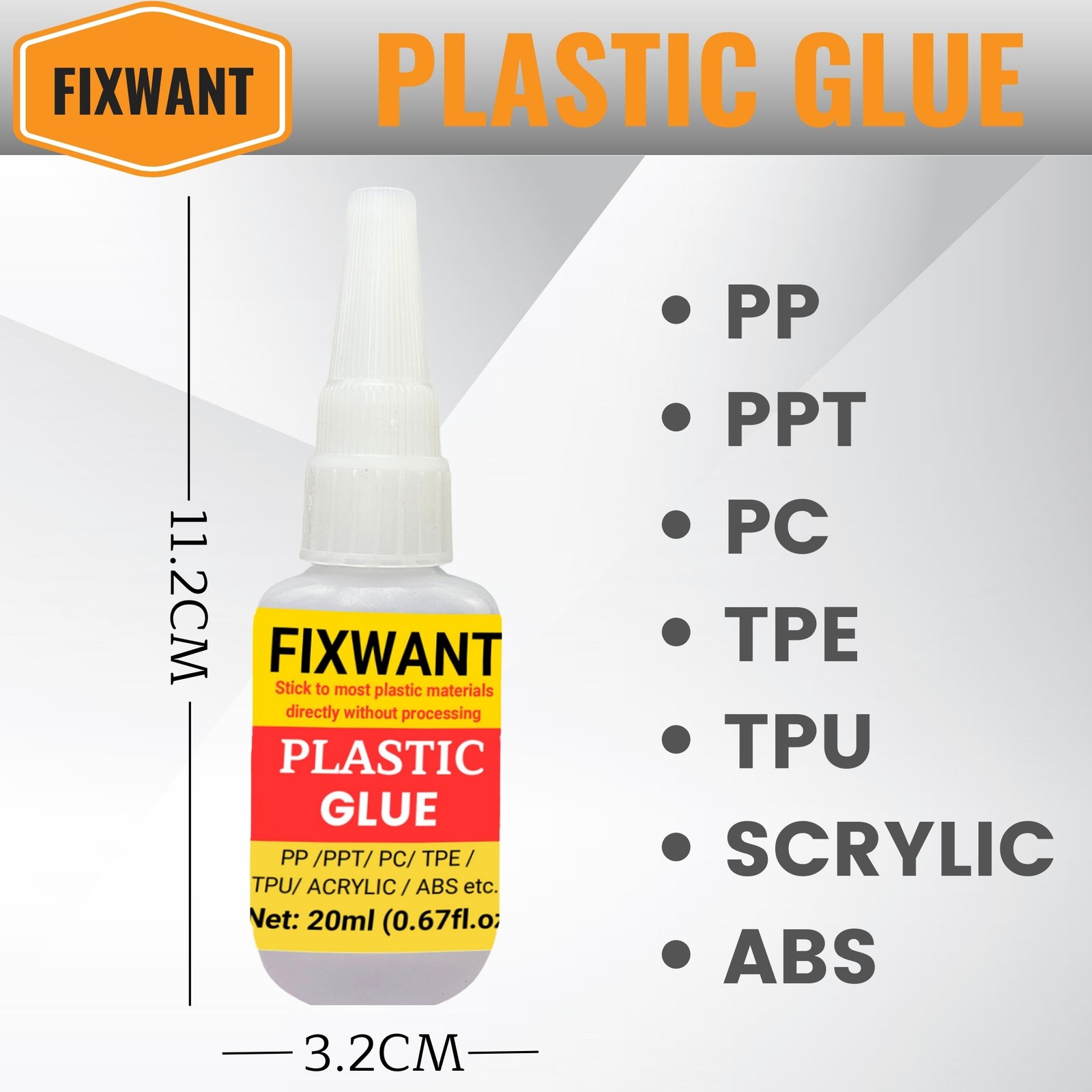 FIXWANT PP/ PPT/ PC/ TPE/ TPU/ ACRYLIC/ ABS Super Glue for Plastic 20ML ...